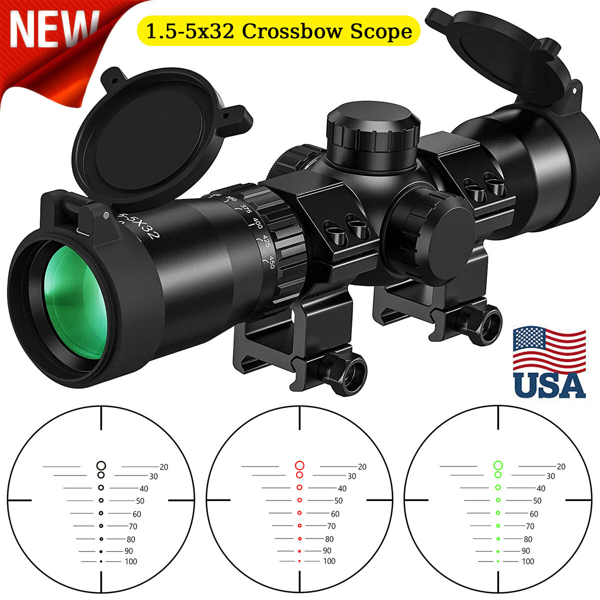 1.5-5x32 Crossbows Scope FPS Red Green Illuminated Ballistic Reticle ...