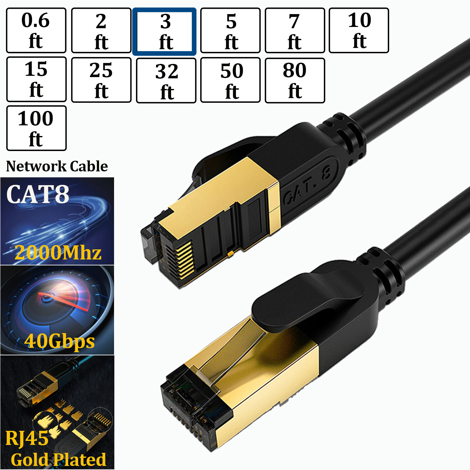 CAT 8 RJ45 Ethernet Cable Super Speed 40Gbps Cat8 Network Cable Gold ...