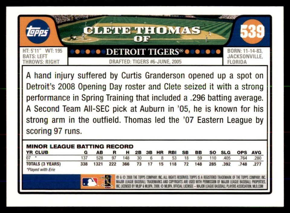 2008 Topps Clete Thomas Rookie Detroit Tigers #539 MLB Baseball Card | eBay