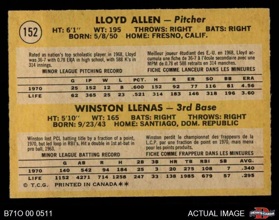 1971 O-Pee-Chee #152 Lloyd Allen / Winston Llenas Angels RCs RC 5 - EX ...