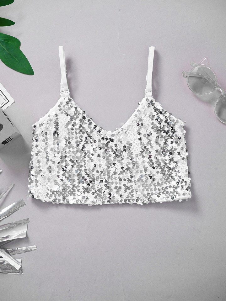 Kids Girls Stylish Adjustable Spaghetti Shoulder Straps Shiny Sequins ...