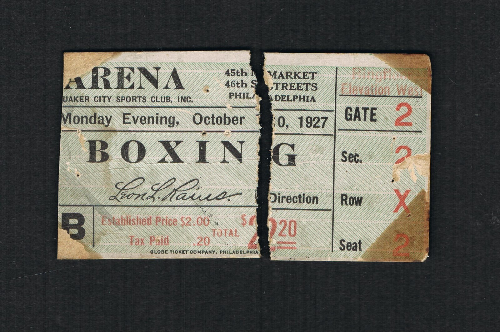 1927 boxing ticket Philadelphia Pete Latzo Joe Gans Kirby Herring ...