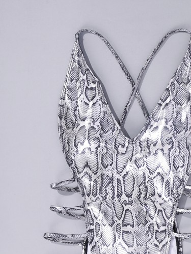 Womens Sexy One Piece Swimsuit Shiny Silver Monokini String Bandage ...