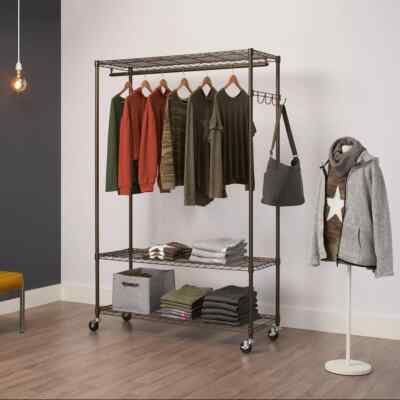 TRINITY Bronze Rolling Garment Rack, Adjustable Shelves and Hanging Rod ...