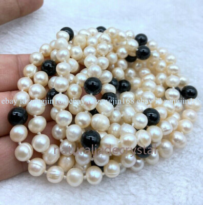 Natural 7-8MM White Akoya Pearl&8MM Black Agate Round Bead Gemstone ...