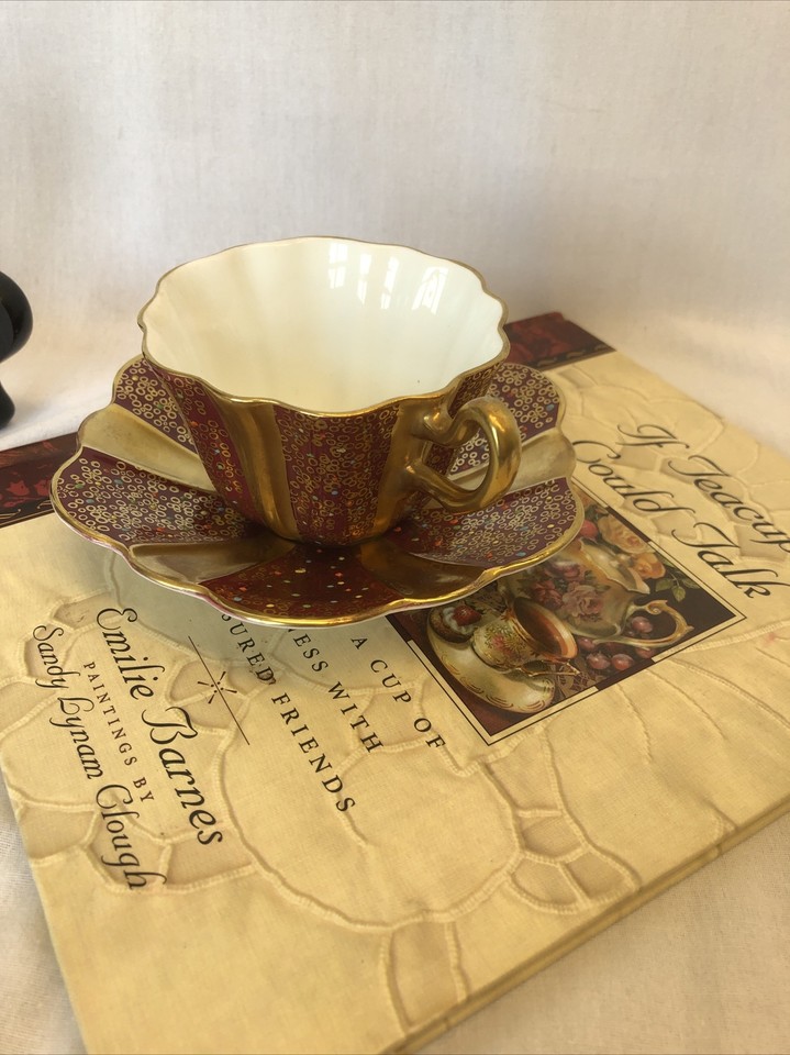 Vintage Royal Stuart Jeweled Fairy Teacup and Saucer burgundy gold | eBay