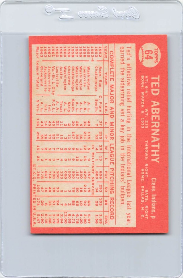 1964 Topps #64 Ted Abernathy Indians EX/MT *DA-C4624 | eBay