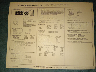1969 PONTIAC GRAND PRIX 428 HO V-8 ENGINE SUN TUNE-UP CHART / WITH 4 ...