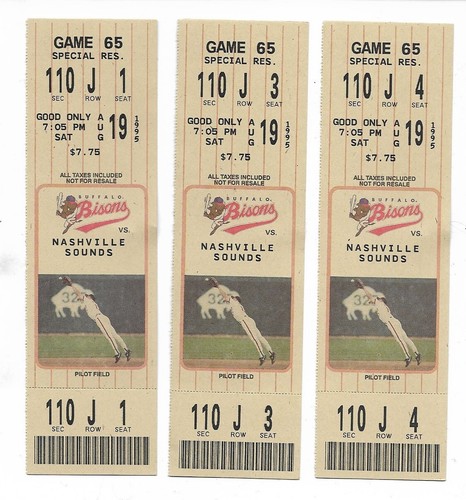 3 Vintage 8/19/1995 Buffalo Bisons vs Nashville Sounds Pilot Field NY ...