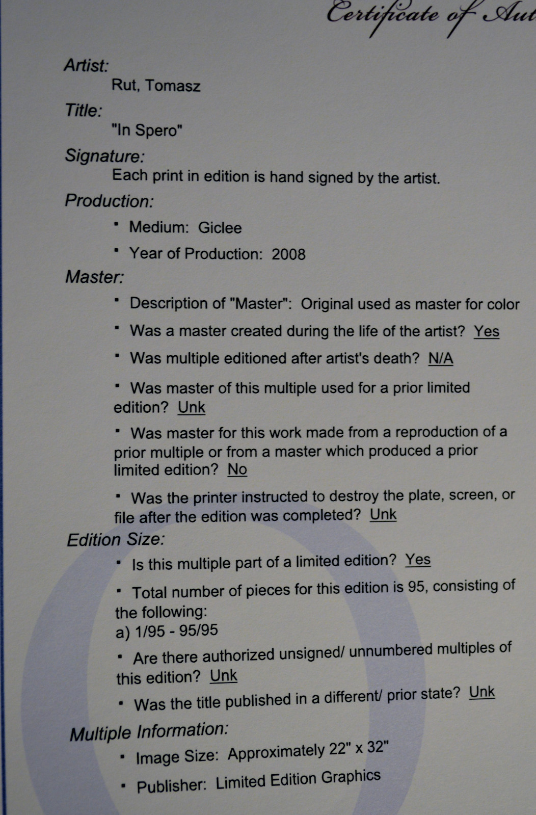 TOMASZ RUT IN SPERO GICLEE ON CANVAS SIGNED/# 84/95 W/COA 22X32 ...