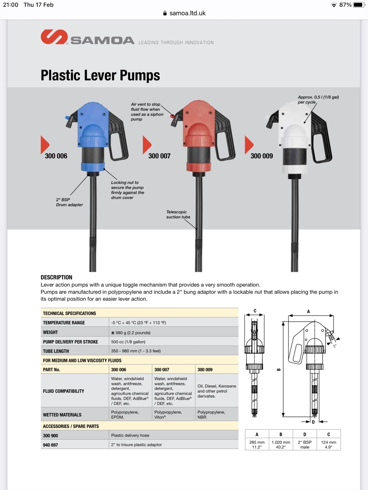 Samoa Polypropylene Hand Lever Action Pump & 2m PVC Hose 205 Litre ...