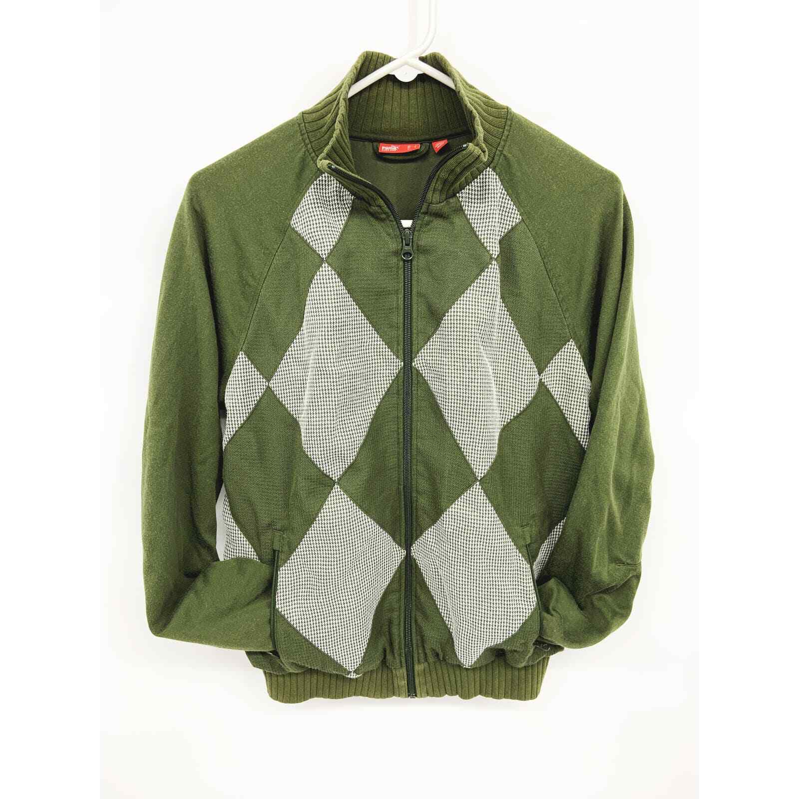 Puma Y2K Army Green Argyle Jacket 90s Size S Defect - Gem