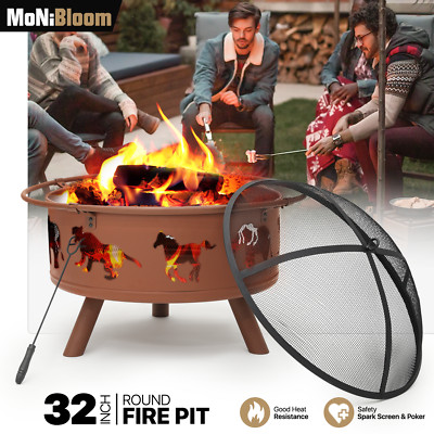 32"Red [GARDEN FIRE PIT+POKER+IRON SPARK SCREEN] Outdoor Round Wood ...