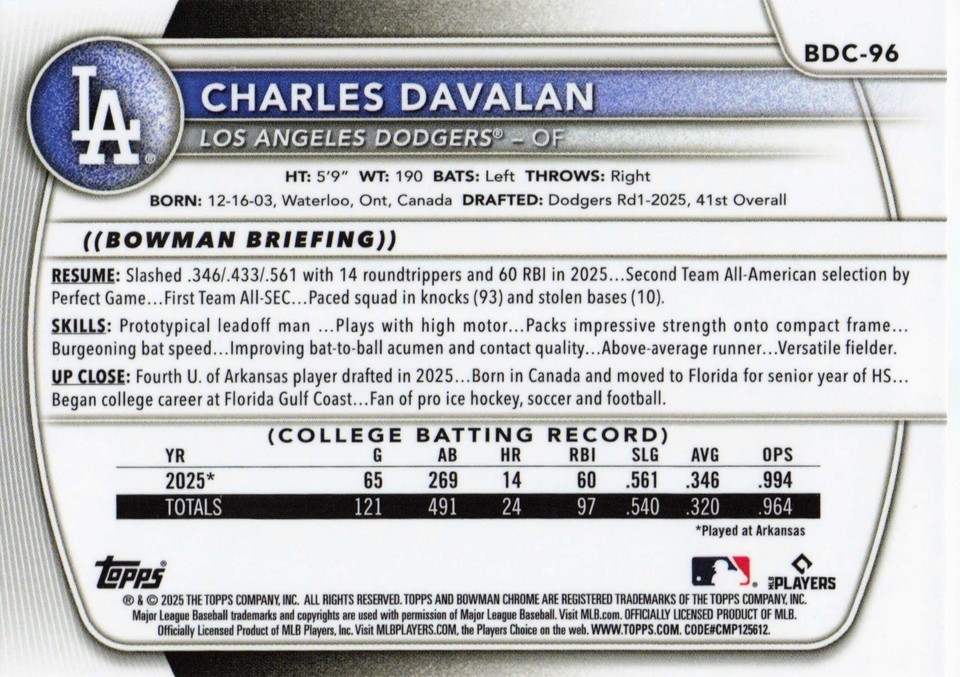 2025 Bowman Draft #BDC-96 Charles Davalan Chrome Yellow Refractor #/75 ...