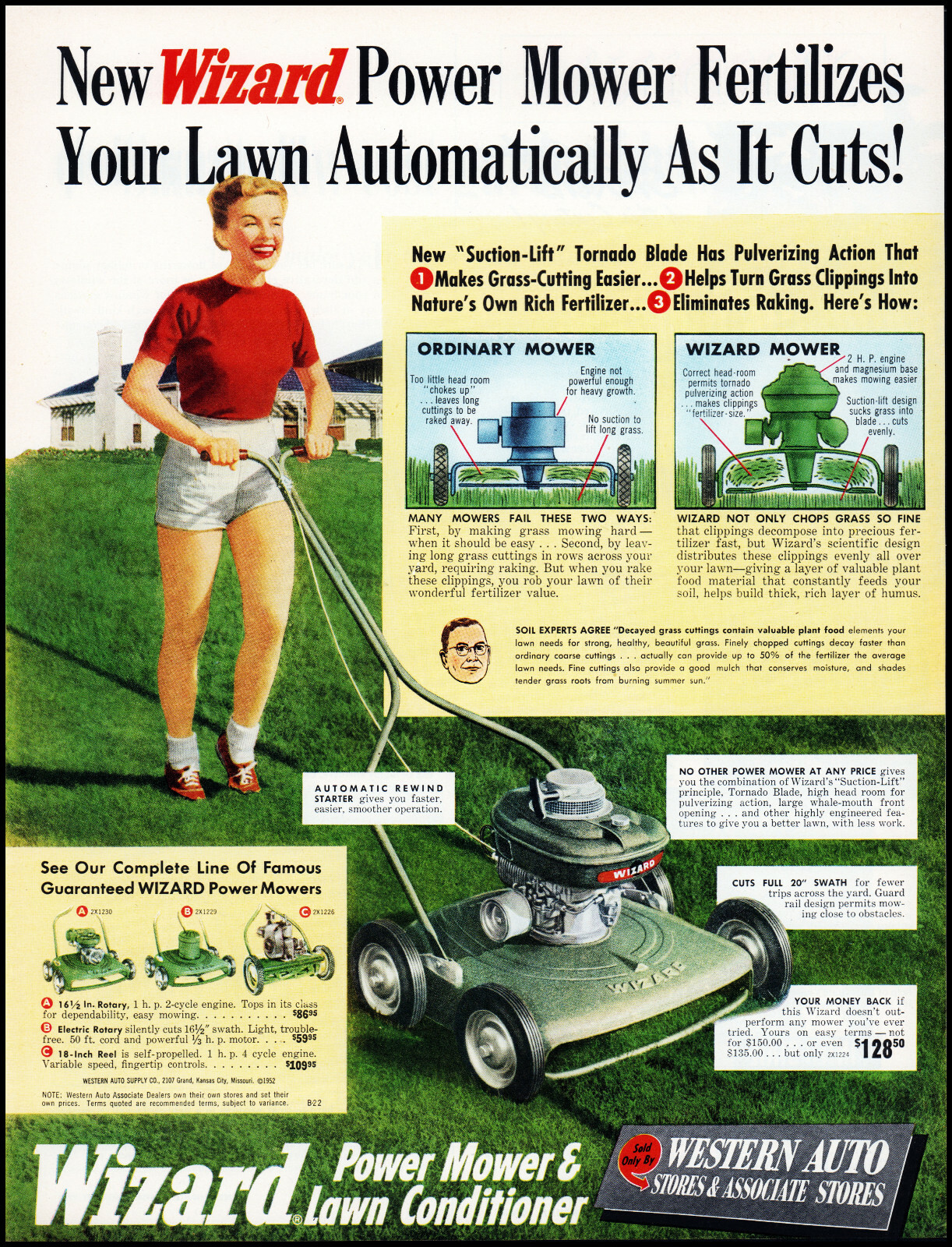 1952 Woman lawn mowing Western Auto Wizard power mower retro art print ...
