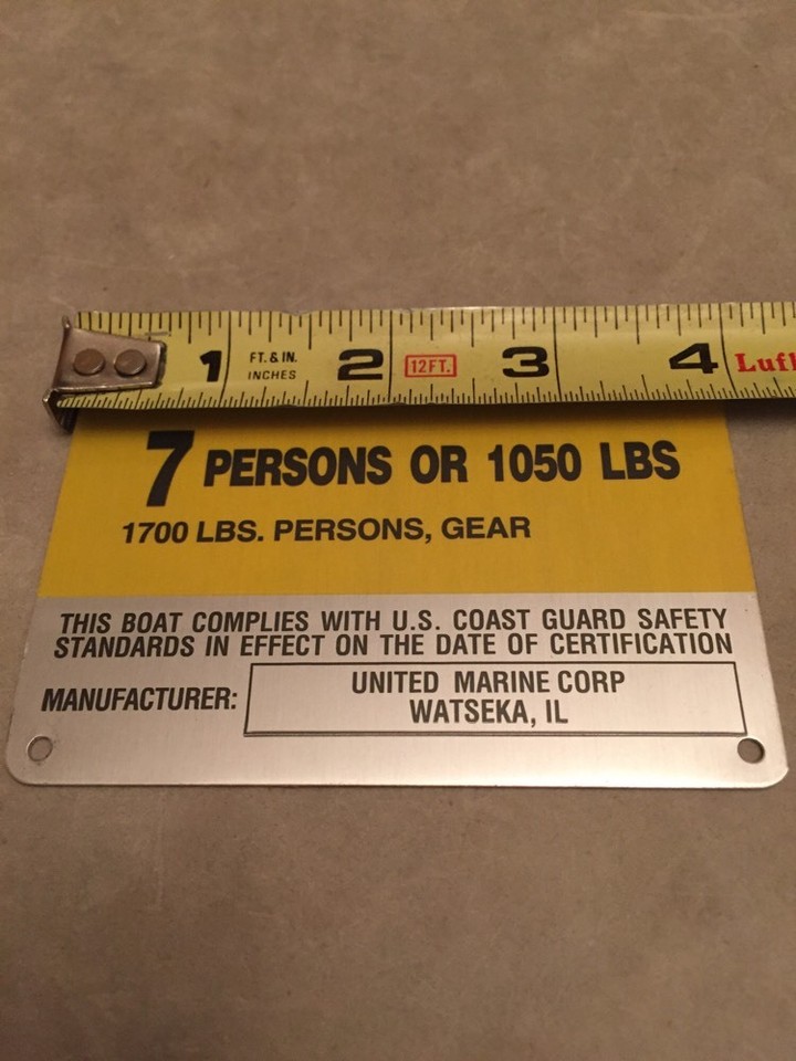United Marine Corp Boat Capacity Plate~Tag~7 Person or 1050 Lbs~Renken ...