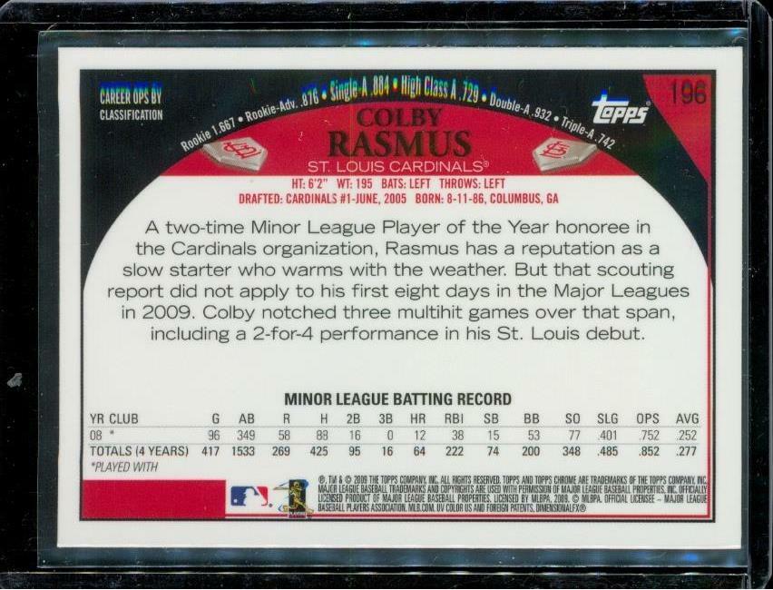 2009 Baseball Card TOPPS Chrome Rookie #196 COLBY RASMUS St Louis ...