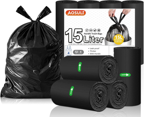 AOSULI 15Liter Bin Bags with Tie Handles 51 Counts Trash/Garbage Bags ...
