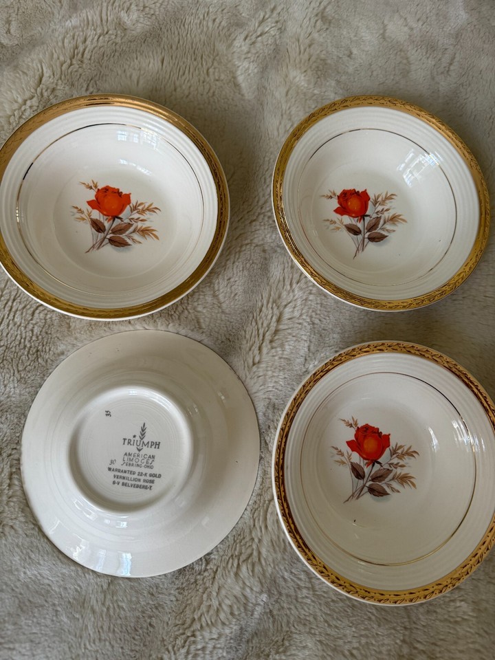 Vintage Triumph American Limoges Vermillion Rose Bowls 22k Gold Outline ...