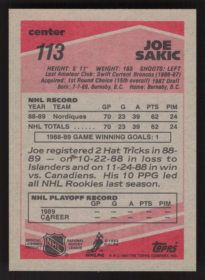 1989-90 Topps Joe Sakic Rookie #113 - Quebec Nordiques - HOF RC | eBay