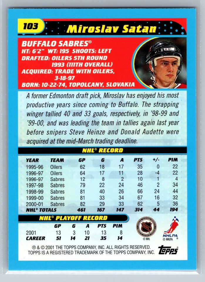 2001-02 Topps #103 Miroslav Satan Buffalo Sabres | eBay