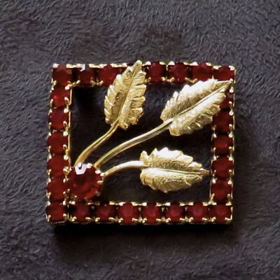 Lovely Vintage Red Rhinestone Gold tone Leaves Open Rectangle Pavé ...