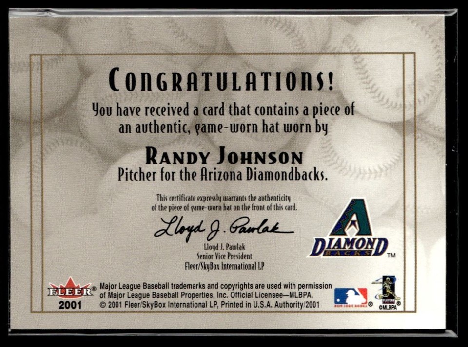 2001 Fleer Authority Diamond Cuts Game Worn Hat Randy Johnson Arizona ...