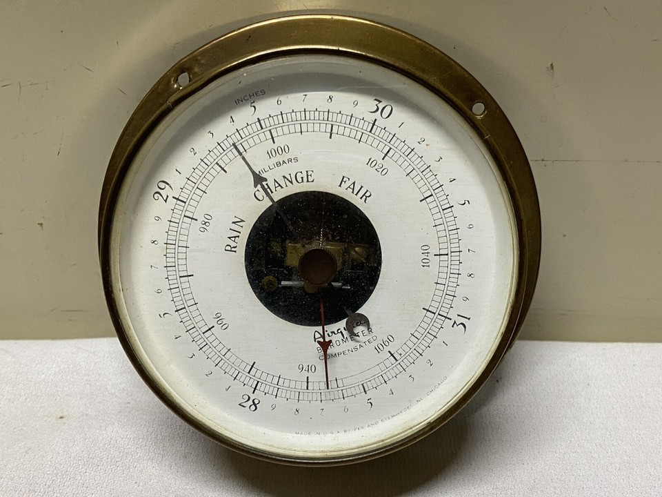 Vtg Round Brass Encased Airguide Barometer Compensated RAIN/FAIR/CHANGE ...