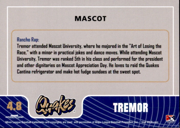 2014 Rancho Cucamonga Quakes Team Issue #33 Tremor Mascot Baseball Card ...