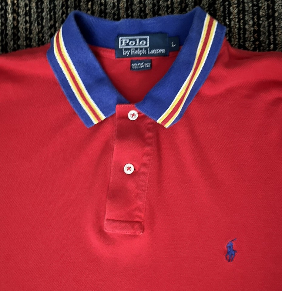 Polo Ralph Lauren Red Shirt with Blue/Yellow/Red/White Striped Collar ...