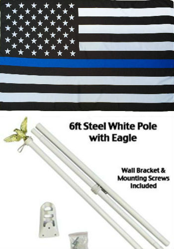 3x5 Police Thin Blue Line Memorial USA Flag White Pole Kit Set 3'x5 ...