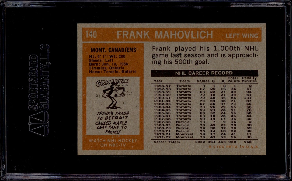 1972-73 TOPPS #140 FRANK MAHOVLICH SGC 9 MINT | eBay