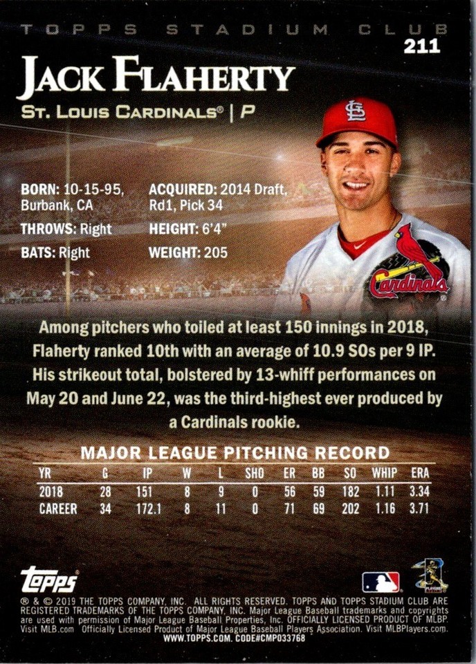2019 Stadium Club Jack Flaherty #211 St. Louis Cardinals Baseball Card ...