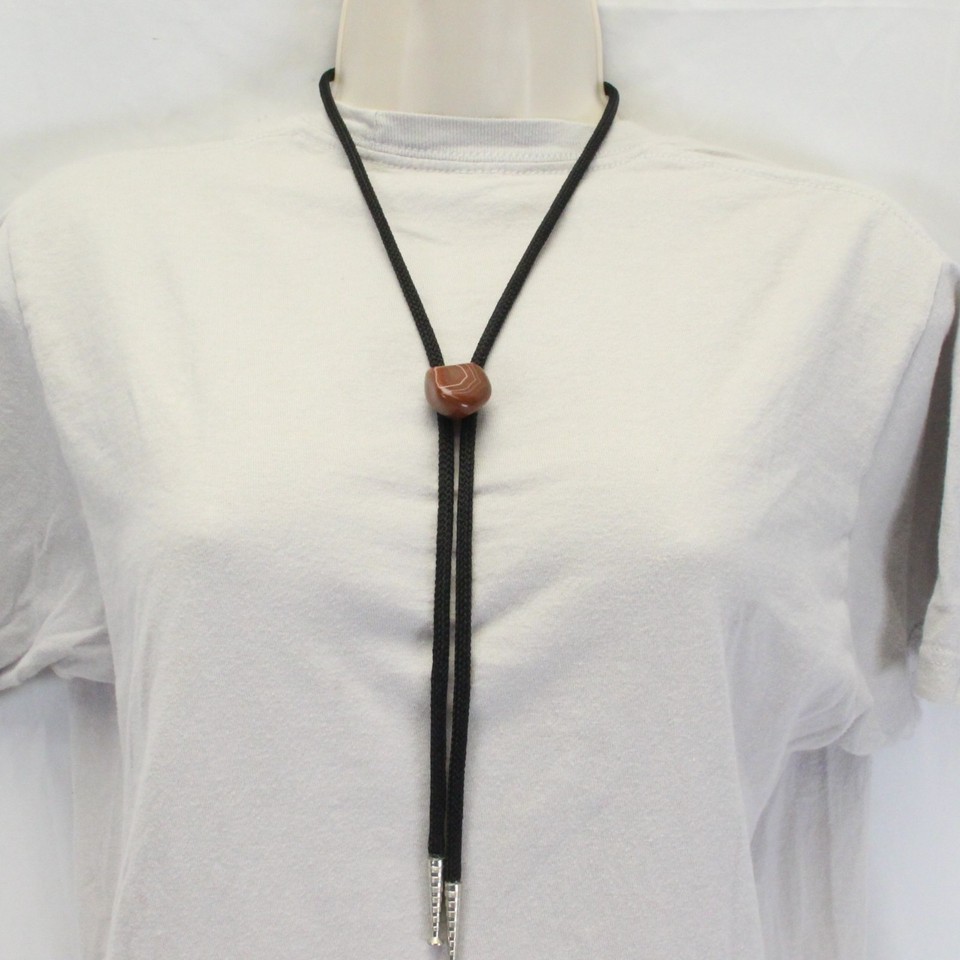 Bolo Tie Polished Agate Stone 1" w x .8" h x .6" d Braided Cord Metal ...