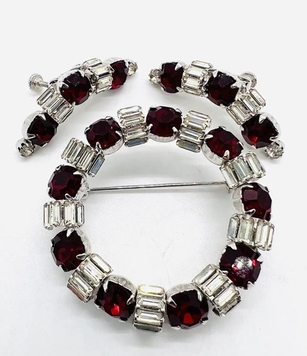 VENDOME Red & Clear Baguette Rhinestone Brooch Earrings Signed Vintage ...