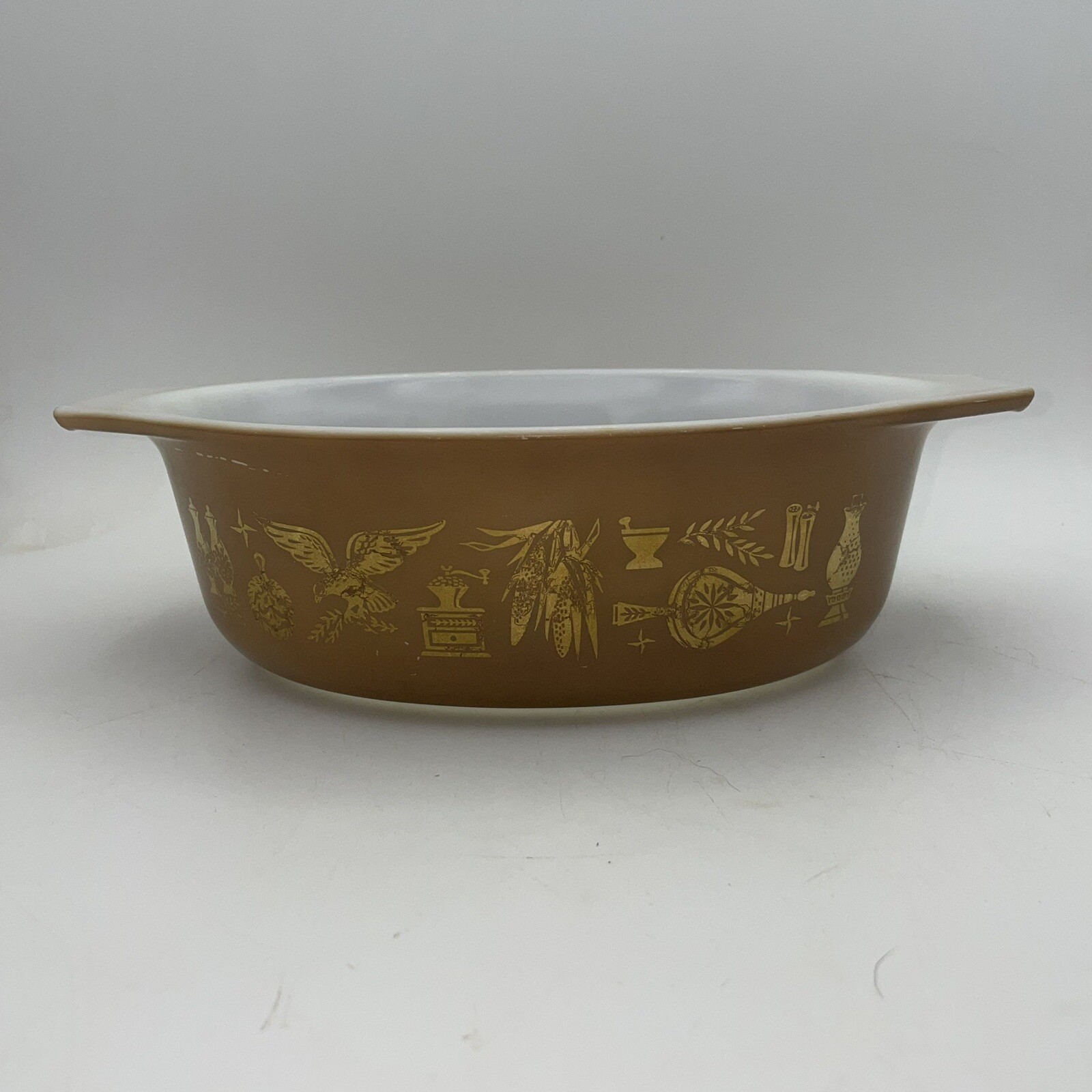PYREX 043 Early American 62-71 Gold On Brown Oval Casserole 1 1/2QT | eBay