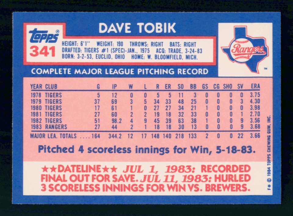 DAVE TOBIK 1984 TOPPS TIFFANY 84 NO 341 NRMINT+ 18050 | eBay