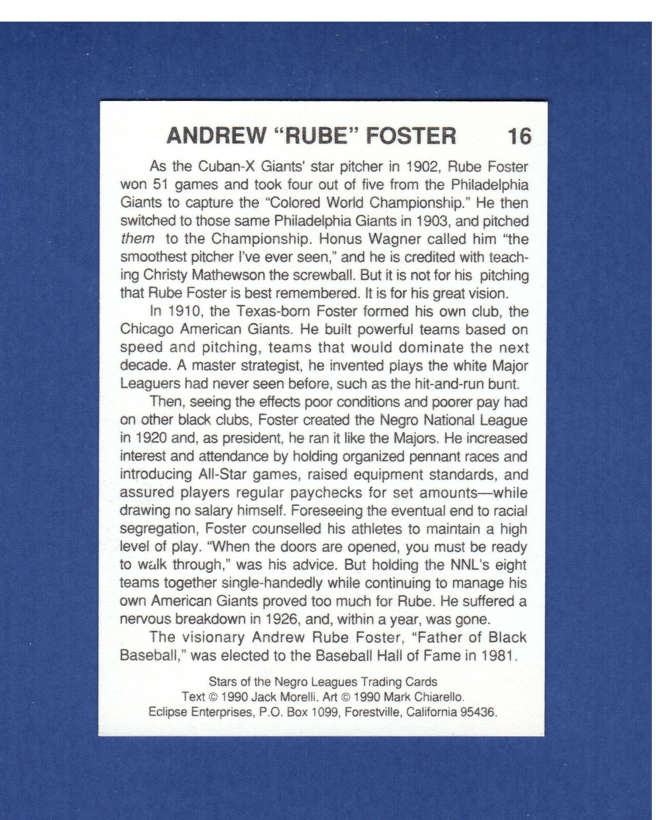 #16 ANDREW "RUBE" FOSTER, American Giants ~ Eclipse Stars of the Negro ...