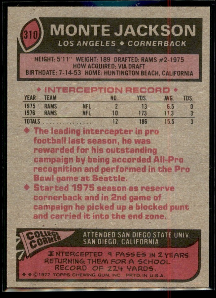 1977 Topps Monte Jackson Los Angeles Rams RC #310 | eBay