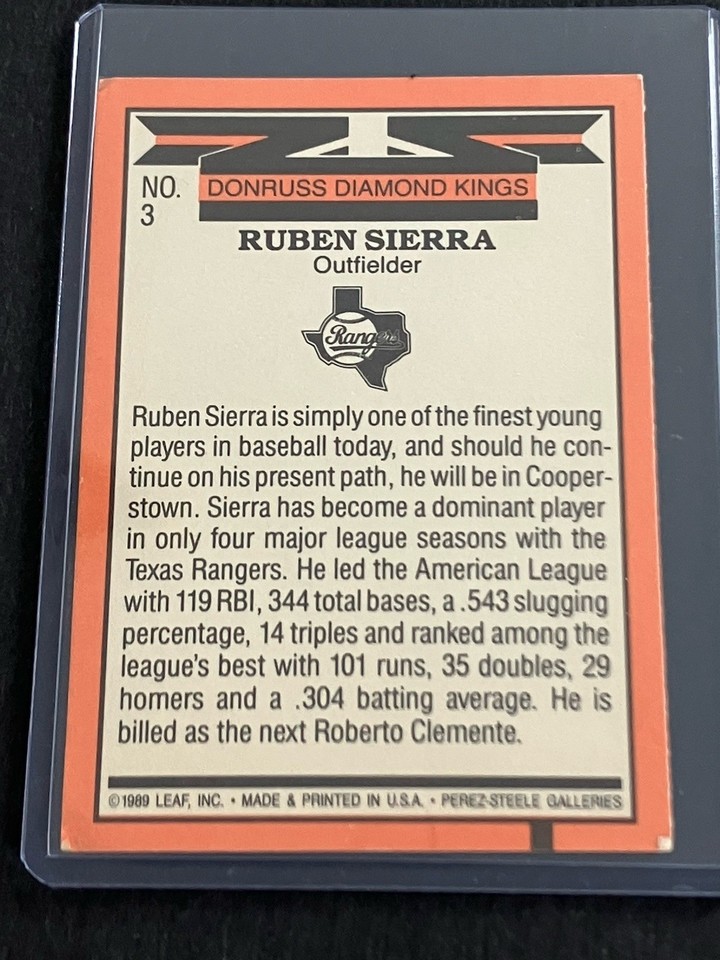 1990 Donruss - Diamond Kings Ruben Sierra #3 Black Stripe on Top Back ...