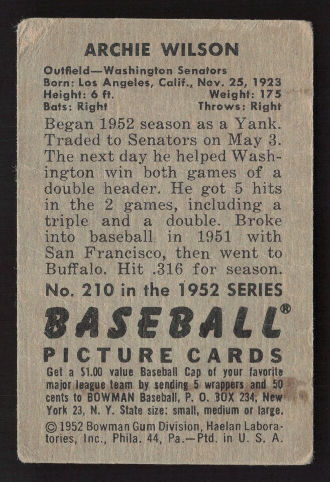 Archie Wilson 1952 Bowman Rookie #210 Washington Senators PR CR SU ST ...