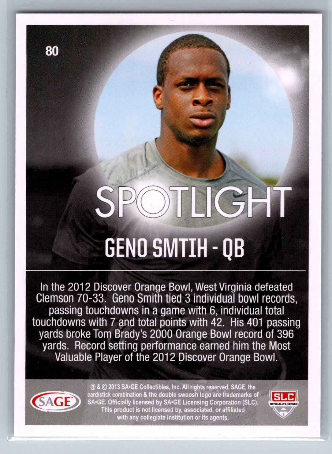 Geno Smith 2013 SAGE HIT Football RC #80 West Virginia Mountaineers | eBay