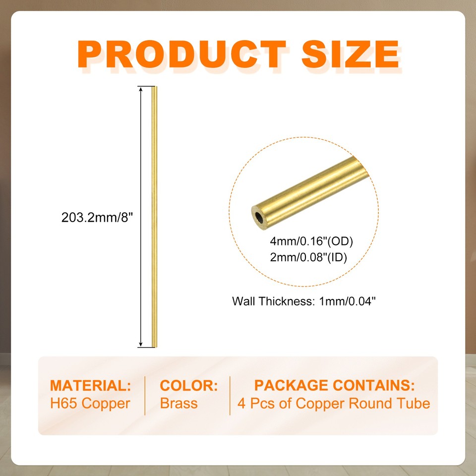 4mm OD x 1mm Wall Thickness x 203mm(8") Length Copper Round Tube(Pack ...