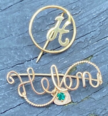 Vintage Gold Metal 'Helen' Script Pin & 'H' Circle Pin Green Rhinestone ...