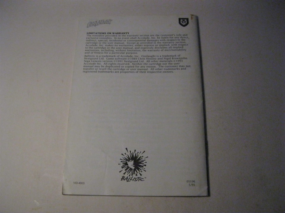 Onslaught Sega Genesis instruction manual only | eBay
