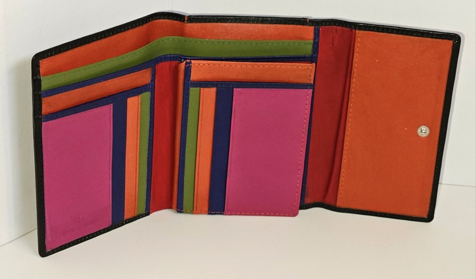 Vintage YL Black Leather Unisex Trifold Wallet Multicolor Leather Inner ...