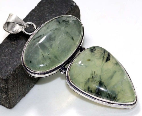 Moss Prehnite 925 Silver Plated Long Gemstone Pendant 2.3" Promise Gift ...