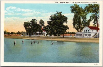 CAMP PERRY, Ohio Postcard "Beach and Club House" Bathing Scene Curteich ...