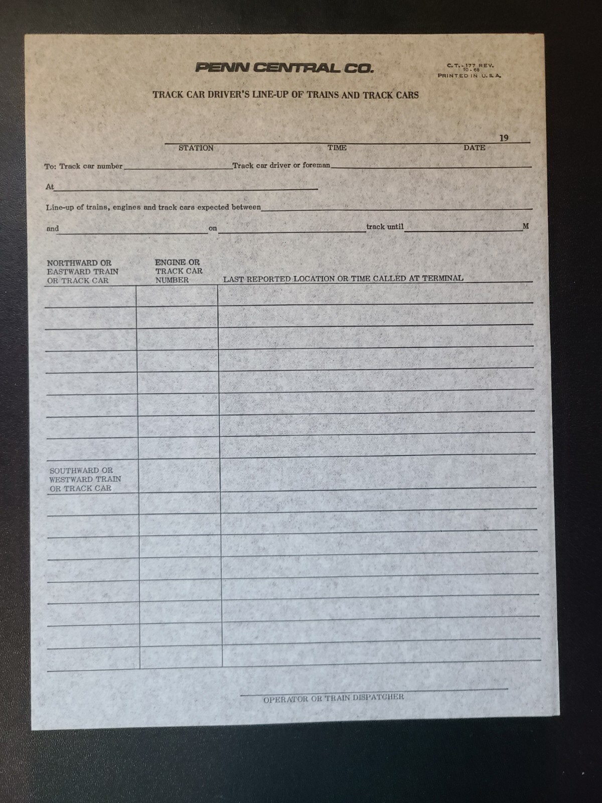 Penn Central Track Car Driver's Line-Up Blank Form (1969) | eBay