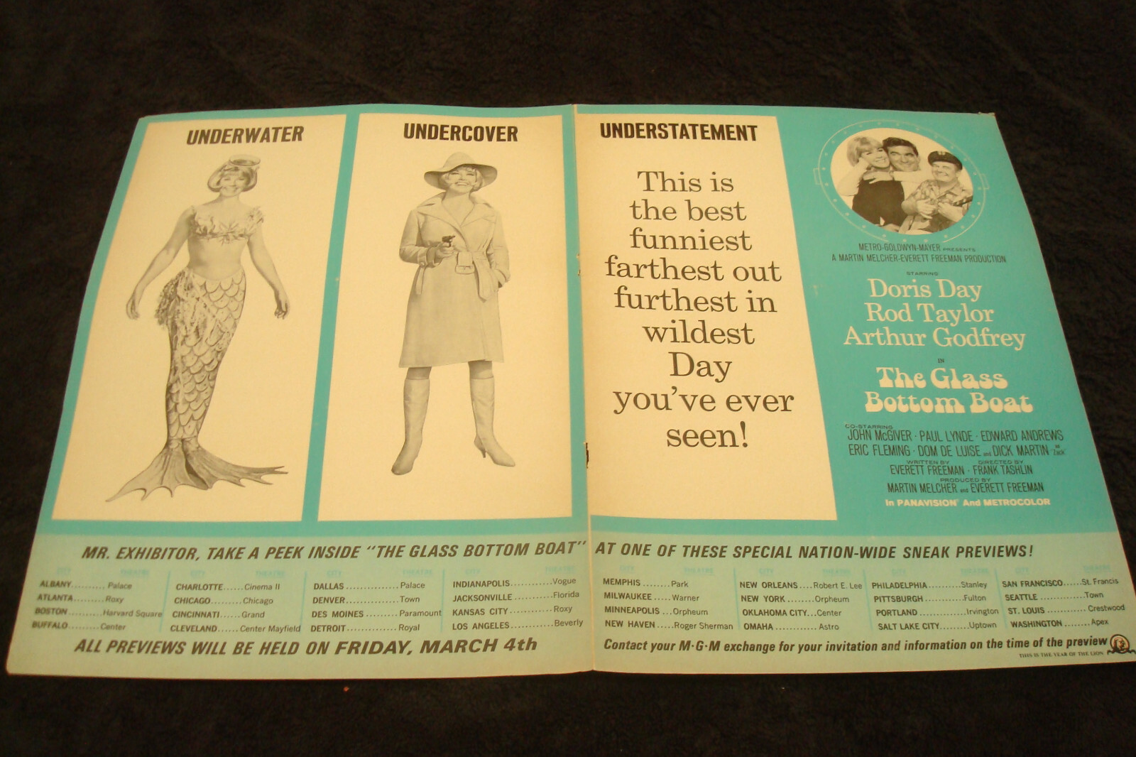 DORIS DAY dressed as mermaid, ROD TAYLOR in GLASS BOTTOM BOAT MGM ad ...
